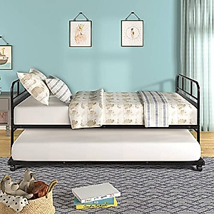 Epinki Metal Daybed Platform Bed Frame with Trundle Built-in Casters, Twin Size, Black, Easy Assembly