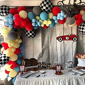 Race Car Balloon Garland Arch Kit, Blue Yellow Grey White Coral Red Latex Balloons,Racing Car Party Supplies,Checkered Balloons for Racing Car Theme Party Birthday Decorations