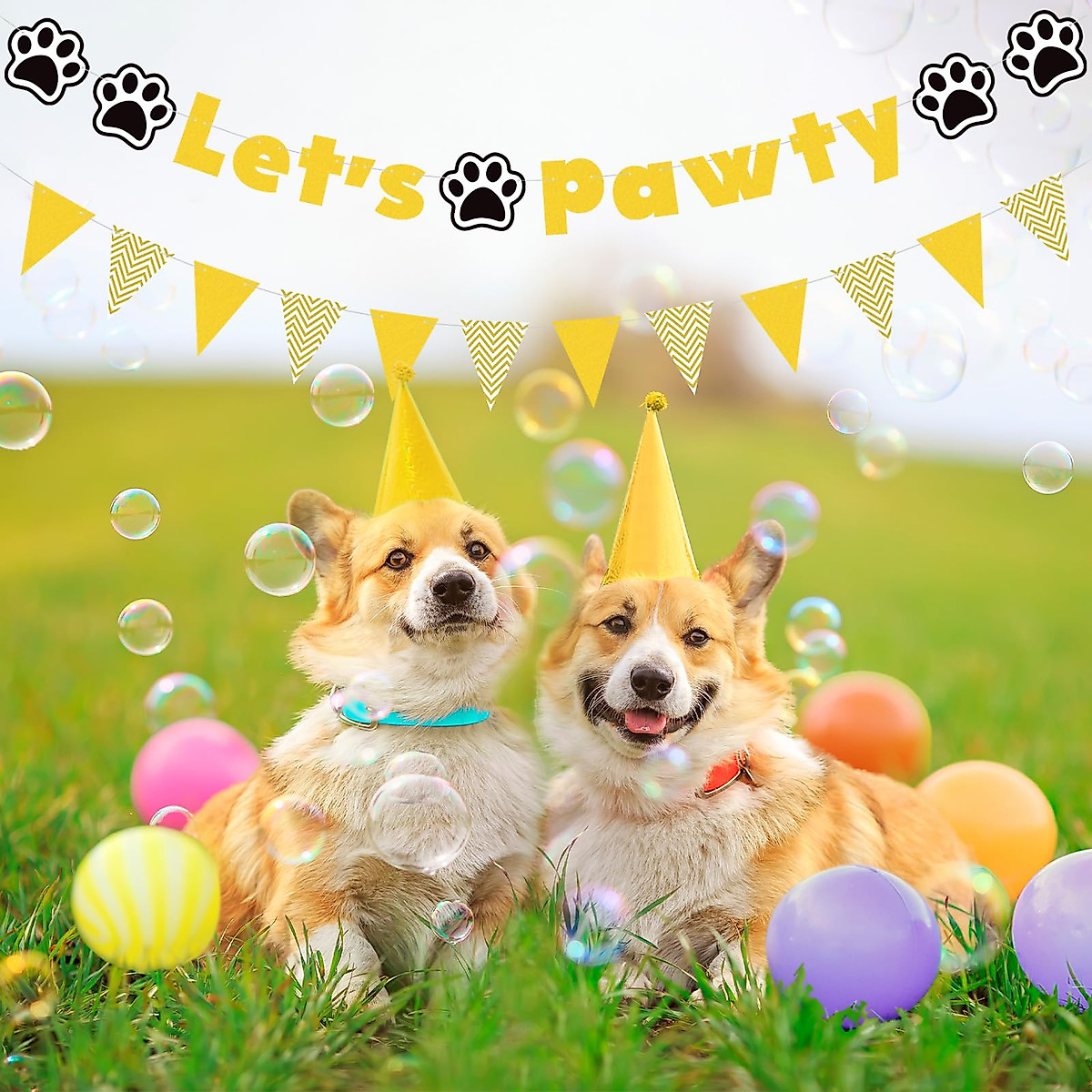 Pre-Strung Dog Birthday Party Supplies, Let’s Pawty Banner Sign, Puppy Dog Paw Birthday Decorations Backdrop, Golden Happy Birthday Decor Pennants Banner Kit for Pet Dog Boy Girl, Vicycaty
