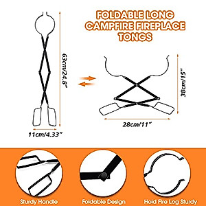 Fire Pit Poker and Log Grabber Fireplace Tongs Outdoor Fire Pit Tool Kits, Firepit Tools Set for Outside Campfire, Camping, Wood Stove, Black Steel