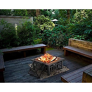 Outdoor Fire Pit,32 inch Square Metal Firepit for Patio Wood Burning Fireplace Garden Stove with Poker Mesh Cover,Charcoal Rack for Camping Picnic Bonfire Backyard