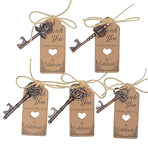 Aokbean 100pcs Wedding Party Gifts Favors for Guests Mixed Skeleton Key Bottle Opener with Thank You Cards and Hemp Rope for Birthday Housewarming Bridal Showers (Copper)