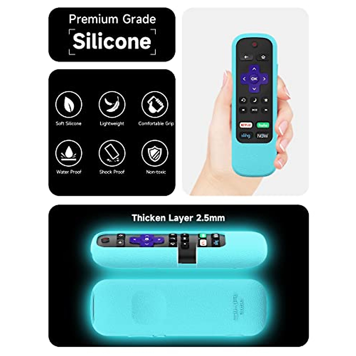 Roku Silicone Cover for Roku Voice Remote/Express 4K+/RCA1R(2022)/RCAL7R Remote Shockproof Protective Case for Roku Streaming Stick TC2-RCB7 Voice Remote Anti-Lost with Remote Loop(Glow Blue)