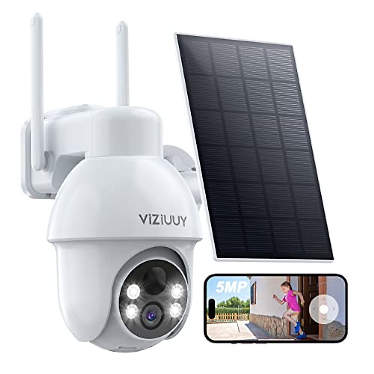 VIZIUUY 5MP Solar Security Camera Outdoor, Wireless Battery Powered Security Camera with 360°View, Pan and Tilt, Color Night Vision with Floodlight,PIR Human Detection,Compatible with Alexa