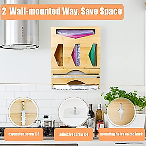 BIBIELF Bag Storage Organizer for Kitchen Drawer, Bamboo Ziplock Bag Storage Organizer Aluminum Foil with Cutter, Wall-mount Plastic Bag Storage Holder for Kitchen Drawer Wall Cabinet