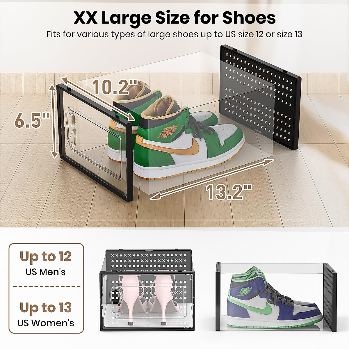 Fkprorjv XX Large Shoe Storage Box Organizer for Closet, 12 Pack Space Saving Versatile Clear Plastic Stackable Sneaker Shoe Rack Containers Bins Holders, Portable Closet Organizers and Storage, Black