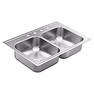 Moen GS182154Q 1800 Series 33-inch 18 Gauge Drop-in Double Bowl Stainless Steel Kitchen Sink, 7-inch Depth, Featuring QuickMount