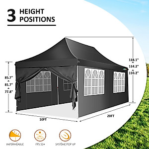 COBIZI 10x20 Pop up Canopy with 6 Removable Sidewalls, Outdoor Canopy Tents for Parties Wedding, Instant Sun Protection Shelter with Upgrade Raised Roof and Carry Bag, with Extra 4 Sandbags