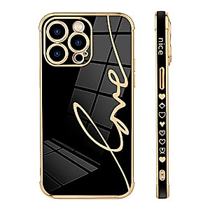 Bonoma Case Love Letter Graphic Plating Luxury Elegant Camera Protector Soft TPU Four Corner Cushion Back Cover Compatible with iPhone 14 Pro Max -Black