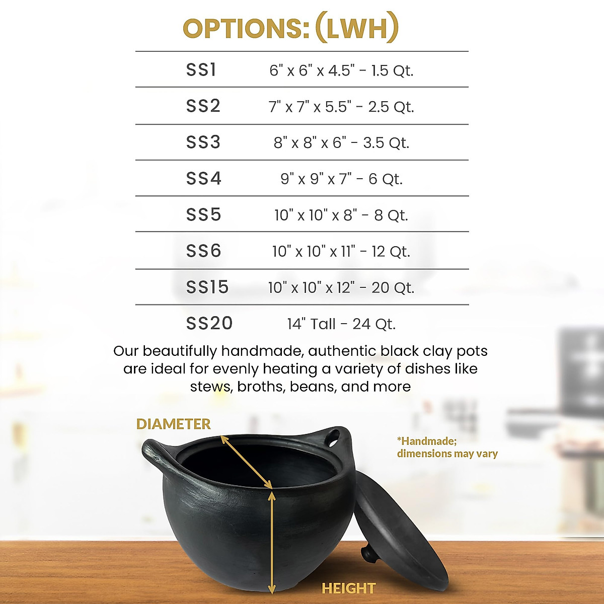 Toque Blanche Clay Pot Essentials - Versatile Clay Cooking Pots, Handmade Earthenware Cookware - Perfect for Cooking Soups, Stews, and More | Black - 6-Quart Large Pot with Handle & Lid