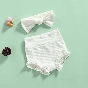 Mubineo Infant Baby Girl Basic Plain Cotton Ruffle Bloomer Shorts Headband Set (White, 6 Months)
