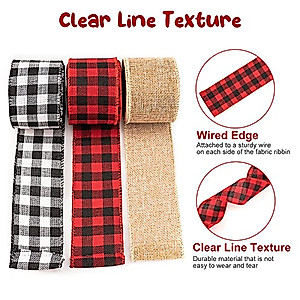 3 Rolls Christmas Wired Ribbons Black Red Plaid Ribbon, Black White Buffalo Plaid Ribbon and Burlap Ribbon for DIY Gift Wrapping, Holiday Decorations(2 Inch, with LED)