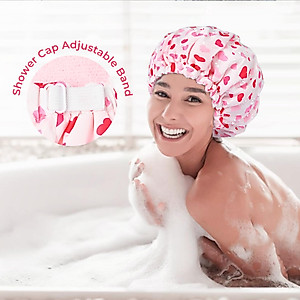 Shower Cap for Women Terry Lined Bath Cap Large Reusable Waterproof Elastic Band Pink Shower Caps for Long Thick Hair Soft Bath Shower Hair Caps