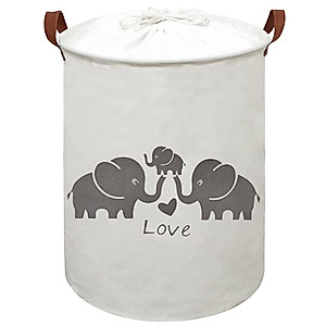 HIYAGON 19.7" x 15.7"Laundry Basket,Round Cotton Linen Storage Bin with Drawstring Cover for Bathroom/Closet/Toys Storage(Elephants)