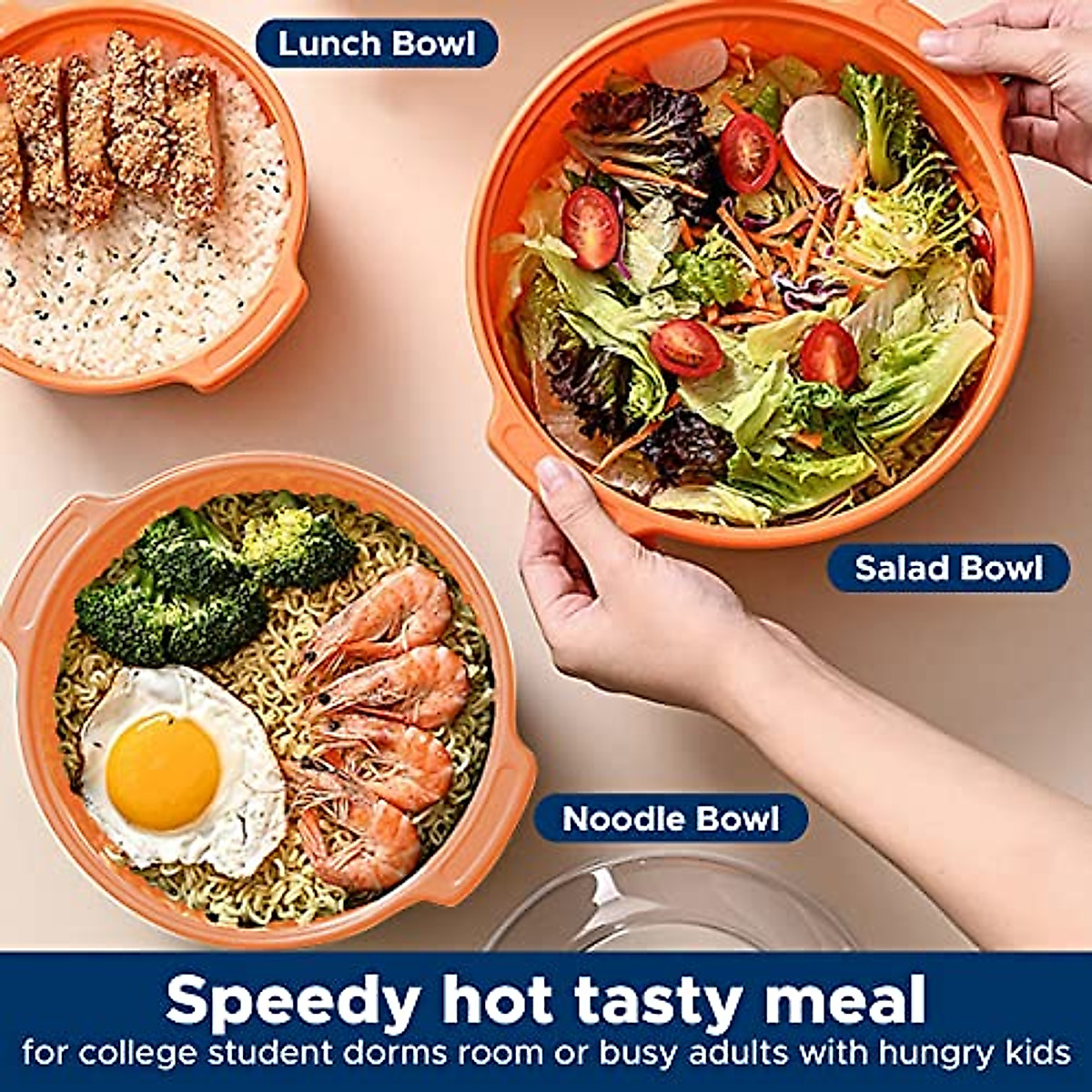 Microwave Safe Ramen Cooker, Ramen Noodle Bowl, Easy Mac, Microwave Pasta Cooker, Microwave Bowls with Lids Ideal for Dorm Room Essentials for Girls Boys, Dishwasher & Microwave Safe (Medium, Orange)