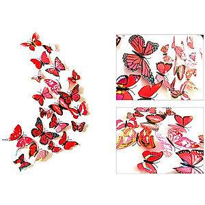 FOVSHNG 24PCS 3D Butterfly Wall Decor Butterflies Decals Removable Butterfly Wall Stickers for Girls Kids Bedroom and Room Decoration Mural Red