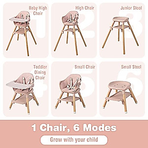 BABY JOY Baby High Chair, 6 in 1 Convertible Wooden High Chair for Babies & Toddlers with Adjustable Legs, Double Removable Tray, Safety Harness & Waterproof PU Cushion (Pink)
