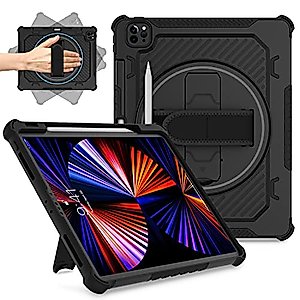 TASSKTO for iPad Pro 12.9 inch Case(6th 5th 4th 3rd Generation) with 360 Kickstand Hand Strap Pen Holder, Dual Layer Shockproof iPad Pro 12.9 Case for Kids