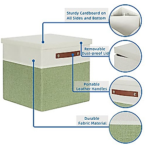 Temary Fabric Storage Cubes Bins with Lids Storage Baskets 13x13 Foldable Storage Bins Cubes Boxes, Canvas Storage Bin for Shelves, Bedroom, Nursery, Closet (White&Green, 13x13x13inch)