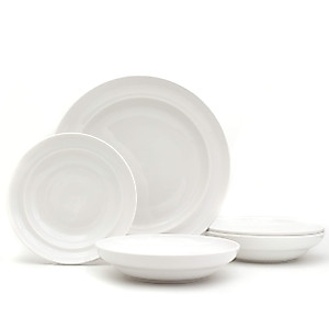 EuroCeramica Essential Bowls Set, 4 Piece 8.9'' Entrée Bowls and 1 Piece 12.99'' Serving Bowl, Classic White