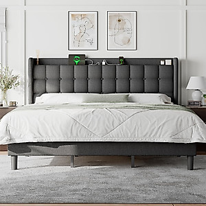 Feonase King Size Bed Frame with 20W Type-C Fast Charging Port, Soft Upholstered Platform Bed Frame with Storage Wingback Headboard, Wooden Slats Support, No Box Spring Needed, Dark Gray