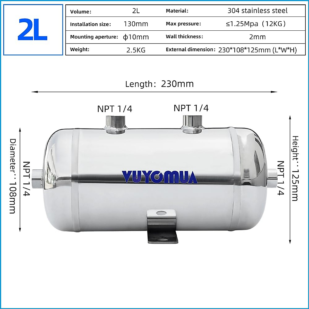 VUYOMUA 0.5Gallon 304 Stainless Steel High Pressure Mini Small Portable Air Tank Air Reservoir Water Storage Tank (2L-SG)