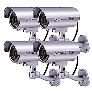 Dummy Security Camera, FITNATE 4 Packs Fake Surveillance Security CCTV Camera System with LED Red Flashing Light for Both Indoor & Outdoor Use + Security Camera Warning Stickers × 4 (Silver)