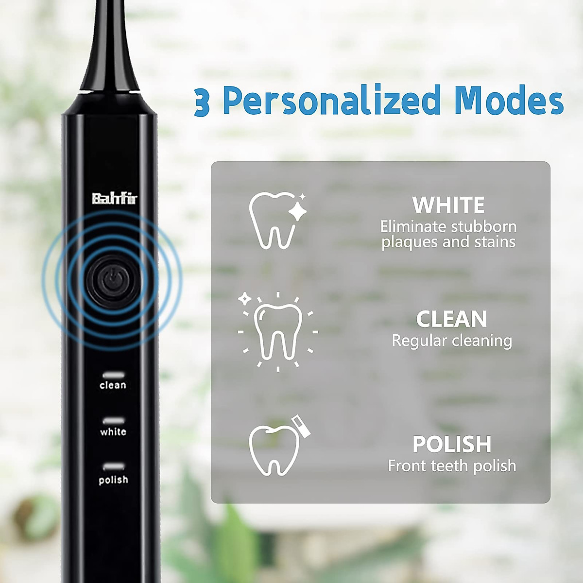 Bahfir Electric Sonic Toothbrush Ergonomic Design with 3 Modos 2 Minutes Smart Timer Rechargeable 1 Time Charge for 30 Days with 3 Brush Heads Replacement Portable for Home and Travel Adults Kids
