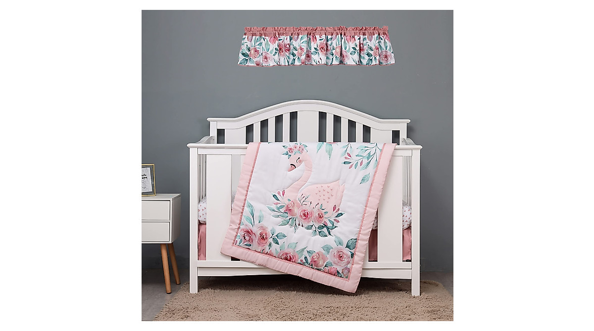 Pink Rose Swan Nursery Crib Bedding Set for Baby Girls