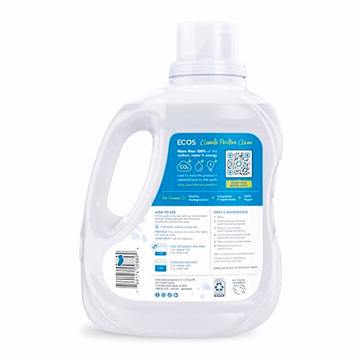 ECOS Laundry Detergent Liquid, 100 Loads - Dermatologist Tested Laundry Soap - Hypoallergenic, EPA Safer Choice Certified, Plant-Powered - Free & Clear, 100 Fl Oz