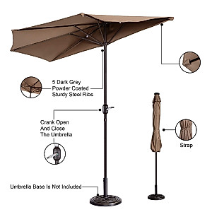 Villacera 83-OUT5464 9' Outdoor Patio Half 5 Ribs Fade Resistant Condo or Townhouse Umbrella in Brown, Height: 7’ 11”. Canopy Diameter (Coverage Area): 9 ft