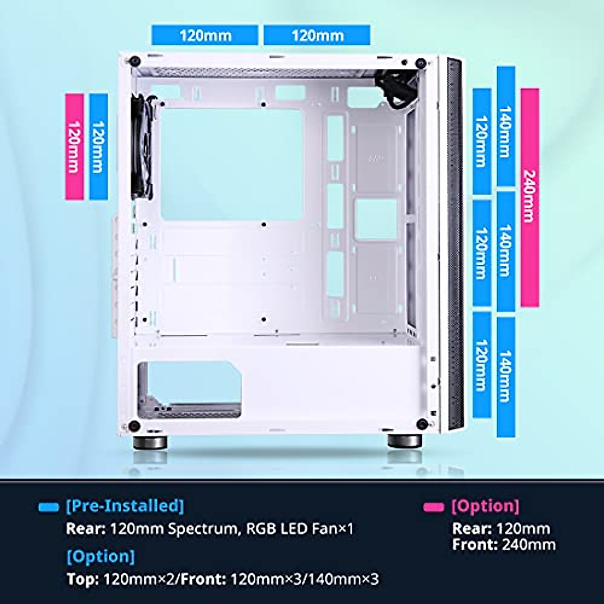Zalman R2 White ATX Mid Tower Gaming PC Case, Mesh Front Panel, Tempered Glass, Top I/O Ports, 120mm Spectrum RGB LED Fan, Cooling System - White