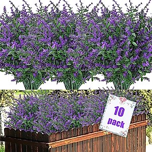 OLYYTAO Artificial Flowers Plants Outdoor Decoration - UV Resistant Plastic Flowers for Outside Faux Plants for Home Garden Decor (10, Lavender Purple)
