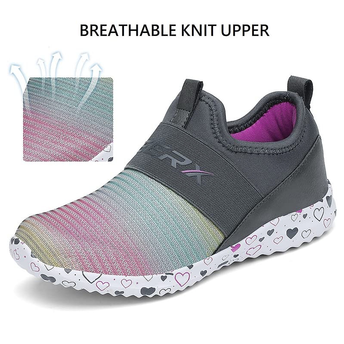 GEERX CARA Girls Slip On Athletic Sneaker Lightweight Sport Walking Running Tennis Shoe (Toddler/Little Kid/Big Kid) Grey Purple Rainbow Size 2