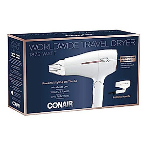 Conair Travel Hair Dryer, 1875W Worldwide Travel Hair Dryer with Smart Voltage Technology and Folding Handle
