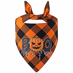 2 Pack Plaid Halloween Dog Bandanas, Washable Halloween Pumpkin Bat Printing Dog Bib Kerchief Scarf Adjustable Accessories for Small to Large Dog Puppy Cat