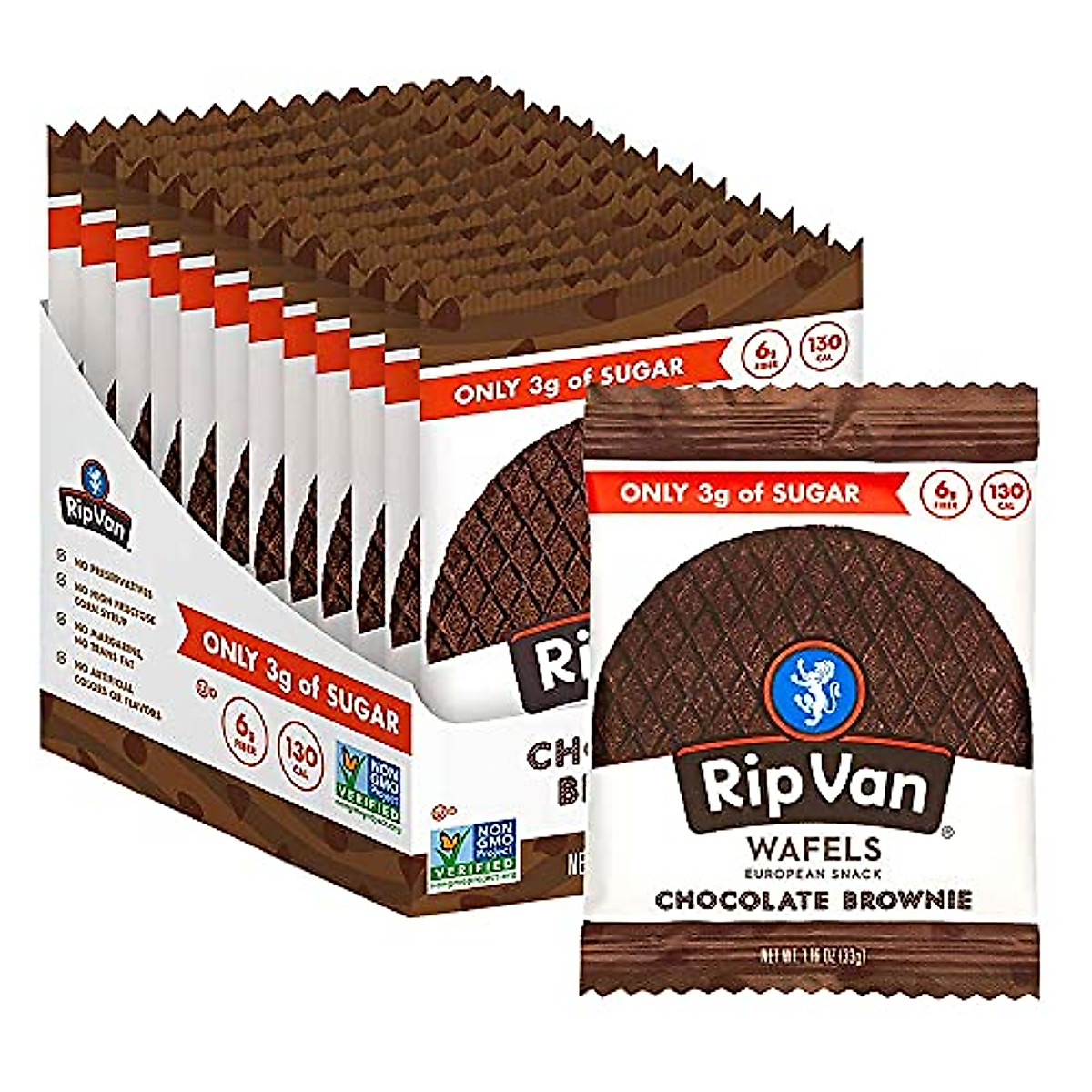 Rip Van Wafels Chocolate Brownie Stroopwafels - Healthy Snacks - Non GMO Snack - Keto Friendly - Office Snacks - Low Sugar (3g) - Low Calorie Snack - 1.16 Ounce (Pack of 12)