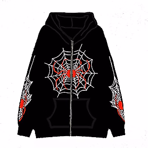 Amiblvowa Womens Men Rhinestone Spider Web Graphic Hoodies Y2k Full Zip Up Over Face Gothic Skull Oversized Jacket Streetwear
