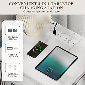 SKKTKT Night Stand with Charging Station, Nightstands with 3 Color LED Lights, Side Table with 2 Drawers Storage, Bedside End Table with Outlets and USB Ports for Bedroom, White