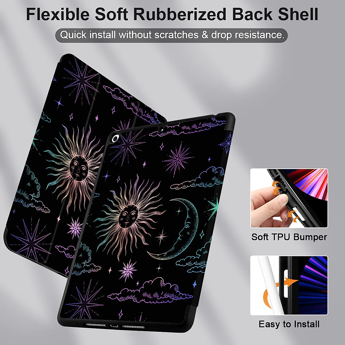 DONGKE Case Compatible with iPad 10.2 Inch 2021 2020 2019 iPad 9th/8th/7th Generation with Pencil Holder, Slim Stand Protective Case with Soft TPU Back, Auto Sleep/Wake Cover, Sun & Moon