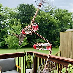 SWEET FEEDERS Geometric Window Hummingbird Feeder | Copper and Aluminum | Multiple Stations | Modern Hummingbird Feeder | Handcrafted | Home Décor | Glass Bottles | Suction Cups (Copper)