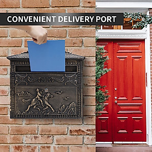 Yoocabinet Mailbox Wall Mount,Large Capacity Locking Mailbox for Outside, Rust-Proof Aluminum Hanging Secured Postbox, Security Key Drop Box,15.35 "x 16.14 "x3.54 Retro Horses