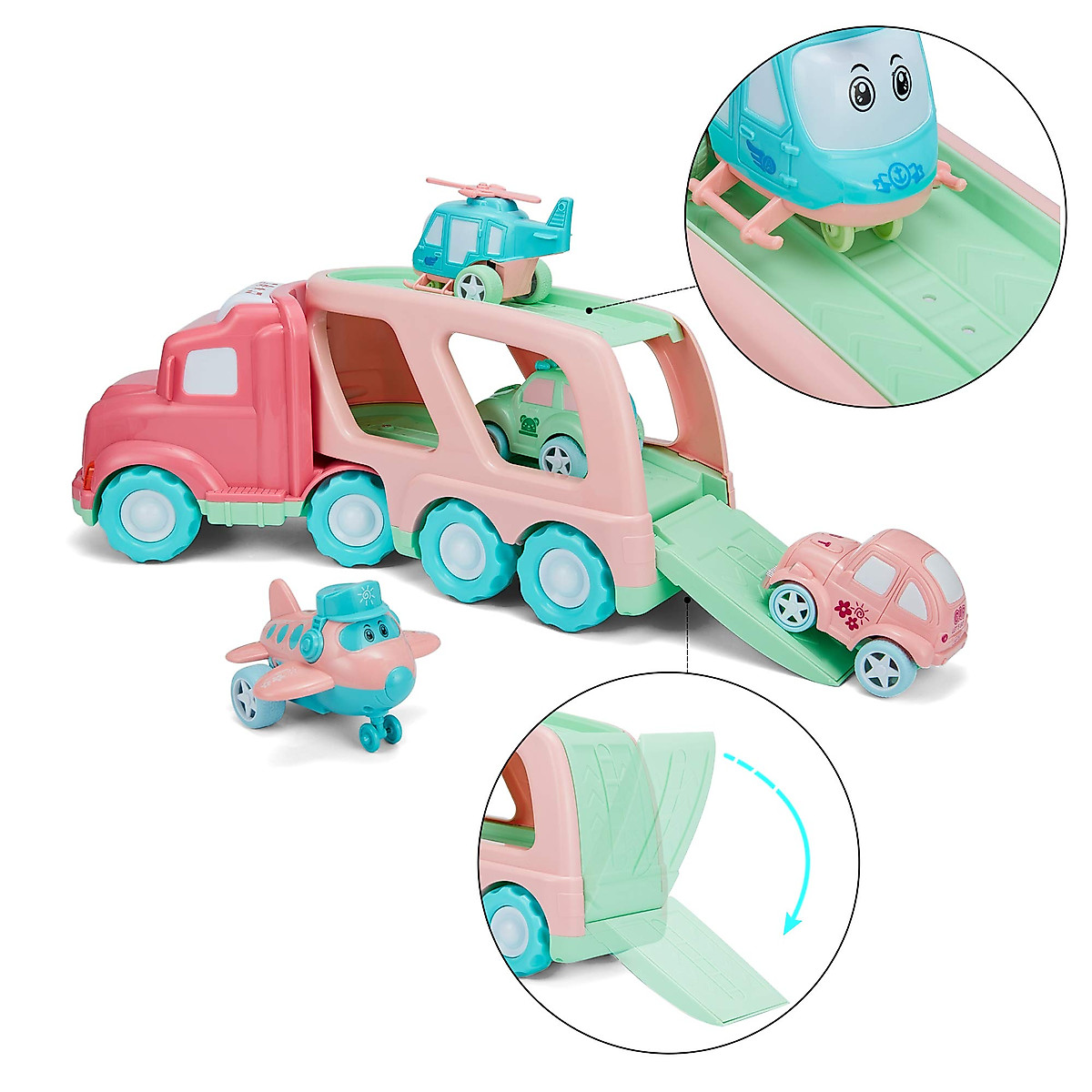 SHCKE Cartoon Pink Toy Cars for Girls, 5 in 1 Friction Powered Pink Truck Toy for Toddlers, Macaron Car/Airplane/Helicopter, Perfect Toddler Car Toy for Girls
