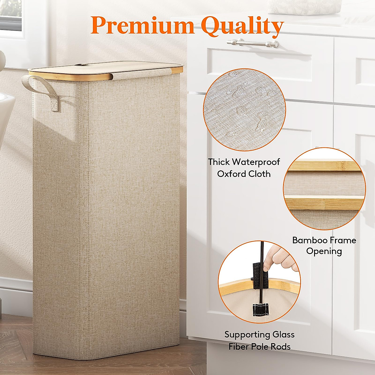 Lifewit 65L Slim Laundry Hamper with Lid, Narrow Laundry Basket with Removable Bag & Bamboo Handles, Fodable Thin Dirty Clothes Hamper for Laundry Collapsible Bin for Bathroom Bedroom Dorm, Beige