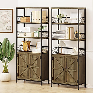 Aubtik Farmhouse Bookcase with Doors, Rustic Tall Book Shelf with Cabinet, Industrial Wood Metal Bookshelf with Storage for Home Office, Living Room, Classroom (Rustic Oak)