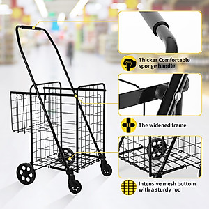 BIEAMA Folding Shopping Cart with Waterproof Liner, Grocery Cart Large Bag with Top Cover, 200 Lb Capacity, Utility Cart with 360° Rolling Swivel Wheels, Medium & Extra Basket