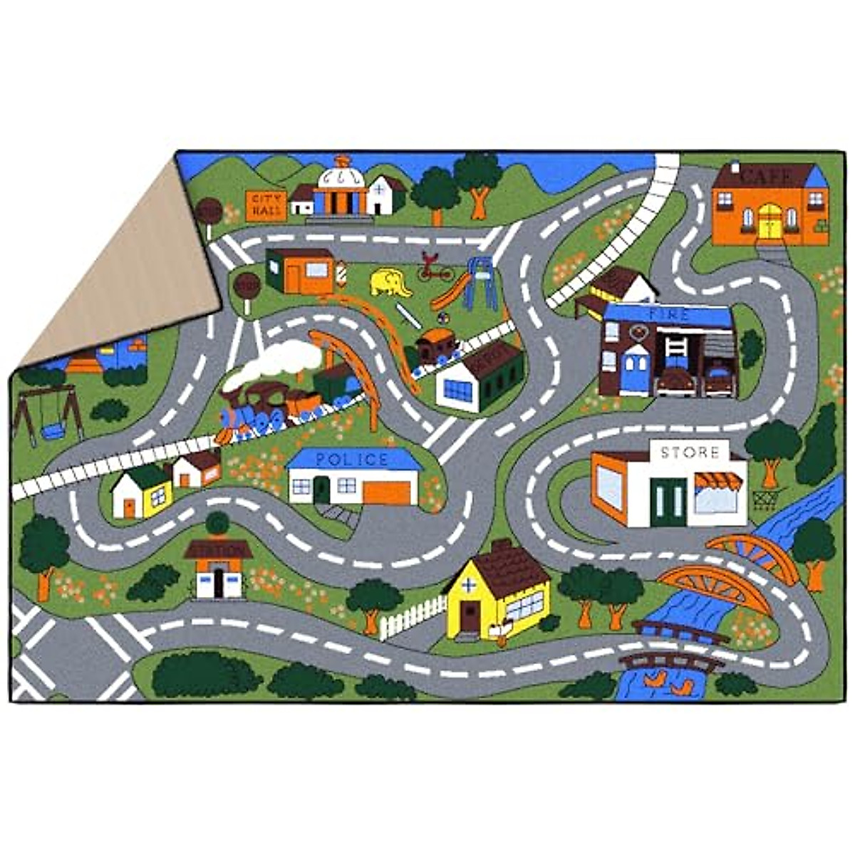 Ottomanson Jenny Collection Non-Slip Rubberback Educational Town Traffic Play Design 3x5 Kid's Area Rug, 3'3" x 5', Green/Multicolor