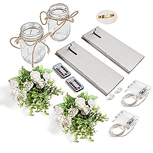 Rustic Wall Sconces Mason Jar Lights Handmade Wall Art Hanging Design with Remote Timer LED Fairy Lights and White Rose, Farmhouse Kitchen Decorations Wall Decor Living Room Sconces (Set of Two)