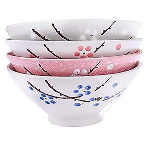 Whitenesser Japanese Ramen Bowls Set of 4 Color - Large 7 Inch - Japanese Plum Ceramic Bowls For Dessert Snack Cereal Soup Reman Noodle and Rice