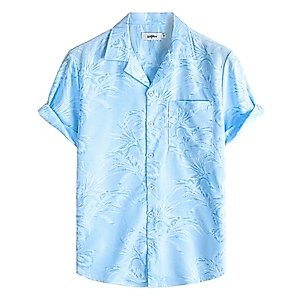 VATPAVE Mens Hawaiian Floral Jacquard Shirt - Casual Button Down Short Sleeve Summer Shirt With Pocket - X-Large Light Blue Silk